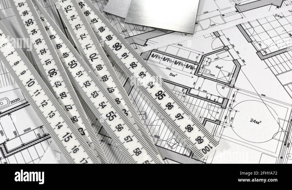 Blueprints: architectural drawings, yardstick - folding ruler & samples ...