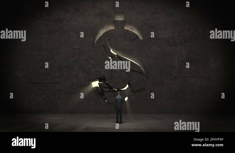 Businessman stand black wall, shape of a Dollar sign with economic ...