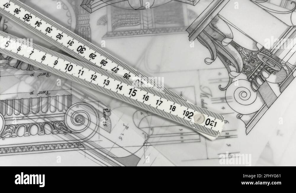 Blueprints - rolls of architectural drawings, yardstick - folding ruler ...