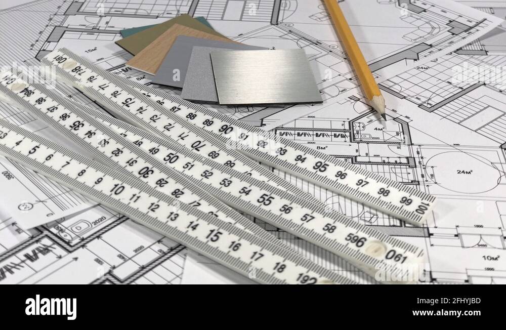 Blueprints: architectural drawings, yardstick - folding ruler & samples ...