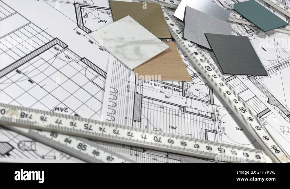 Blueprints: architectural drawings, yardstick - folding ruler & samples ...