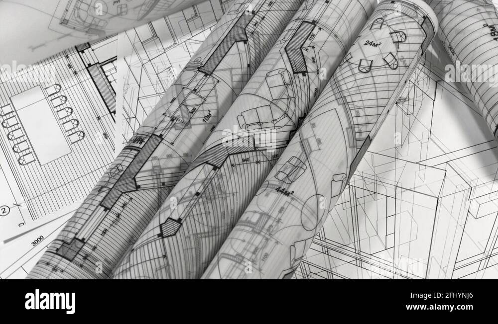 Blueprints - rolls of architectural drawings smoothly rotate Stock ...