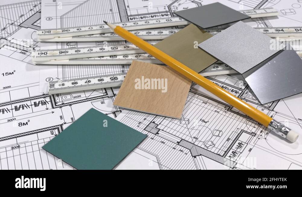 Blueprints: architectural drawings, yardstick - folding ruler & samples ...