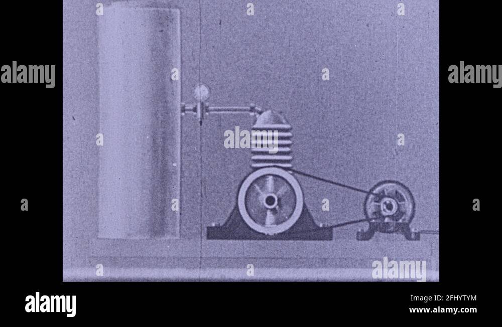 1930s: Animation of an air compressor machine, labels "Pressure Tank ...