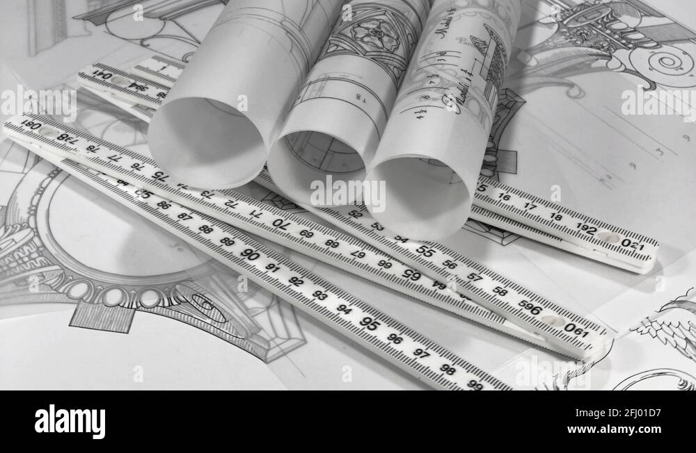 Blueprints - rolls of architectural drawings, yardstick - folding ruler ...