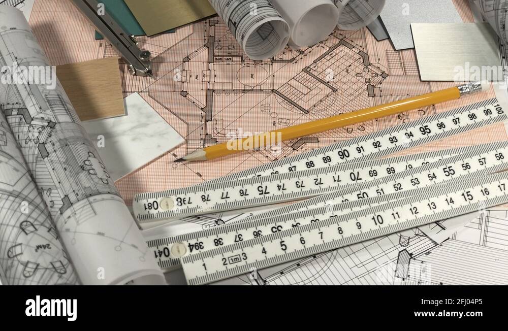 Blueprints: architectural drawings, yardstick - folding ruler & samples ...