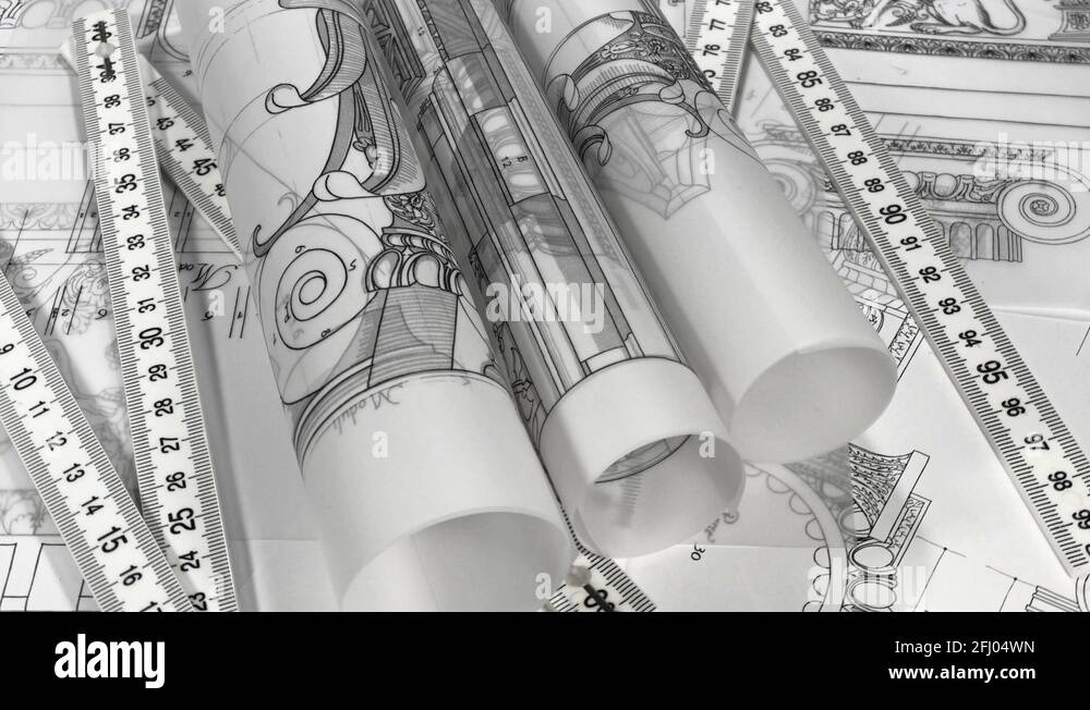 Blueprints - rolls of architectural drawings, yardstick - folding ruler ...