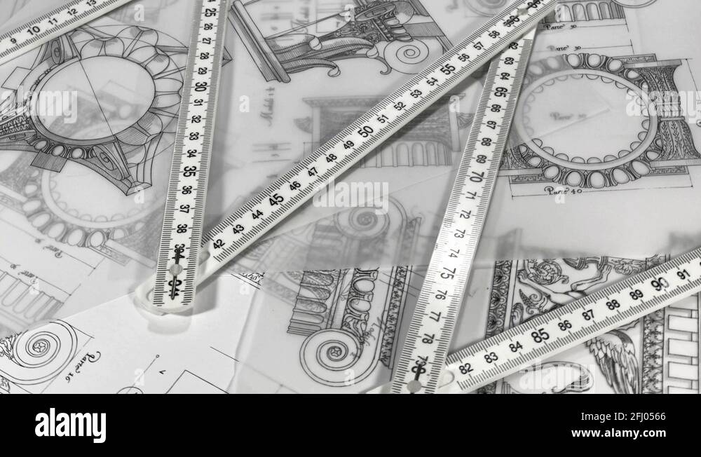 Blueprints - architectural drawings, yardstick - folding ruler Stock ...