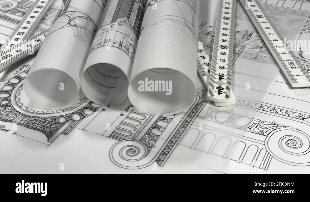 Blueprints - rolls of architectural drawings, yardstick - folding ruler ...