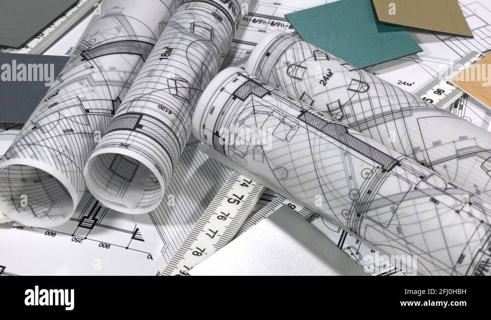 Blueprints: architectural drawings, yardstick - folding ruler & samples ...