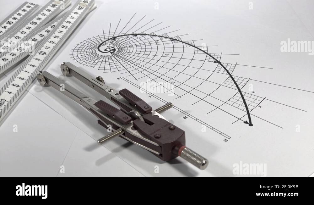 Blueprints - compass, yardstick - folding ruler & drawing of the golden ...
