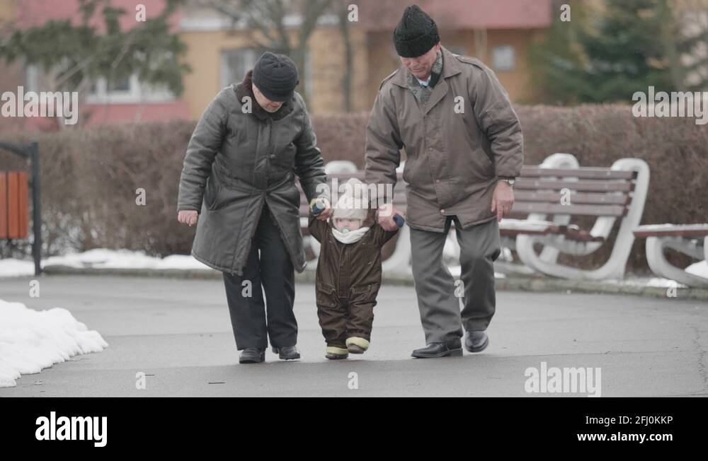 Grandparents holding baby hands helping child first steps, affectionate ...
