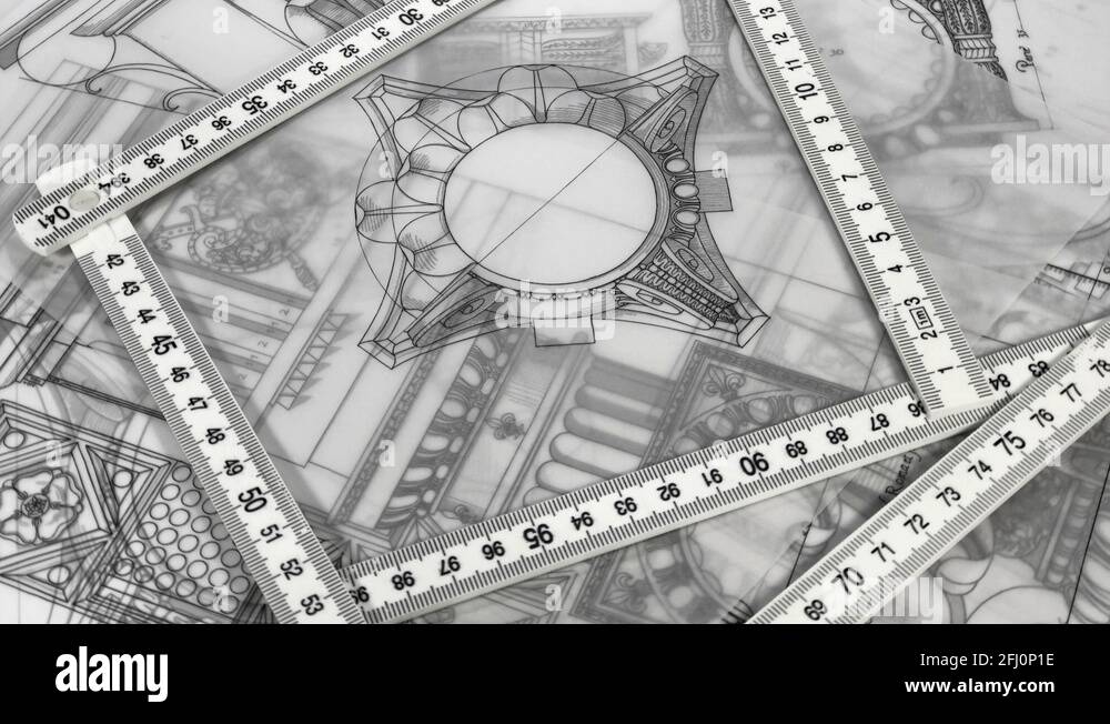 Blueprints - architectural drawings, yardstick - folding ruler smoothly ...