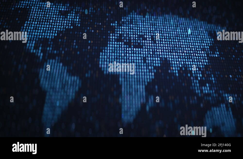 World map of glowing blue numbers 3D render seamless loop animation 4k ...