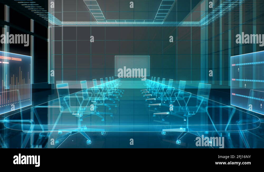 Conference room, forward moving camera, front board with economic chart ...