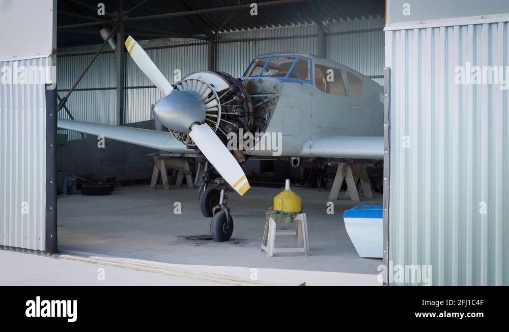 light aircraft in the hangar. Engine casing removed, it seems not ...