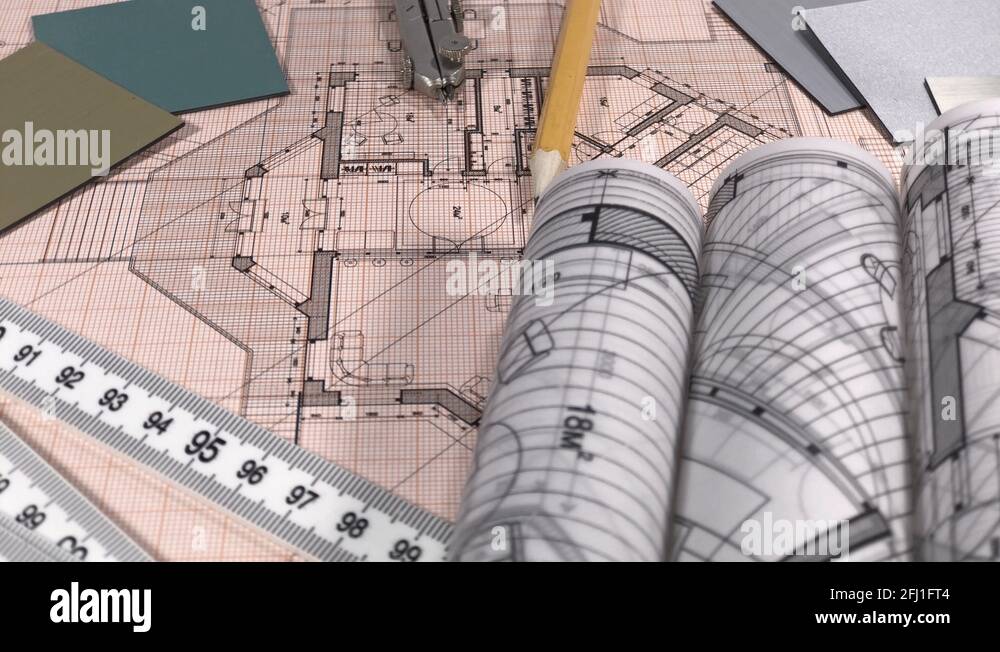 Blueprints: architectural drawings, yardstick - folding ruler & samples ...