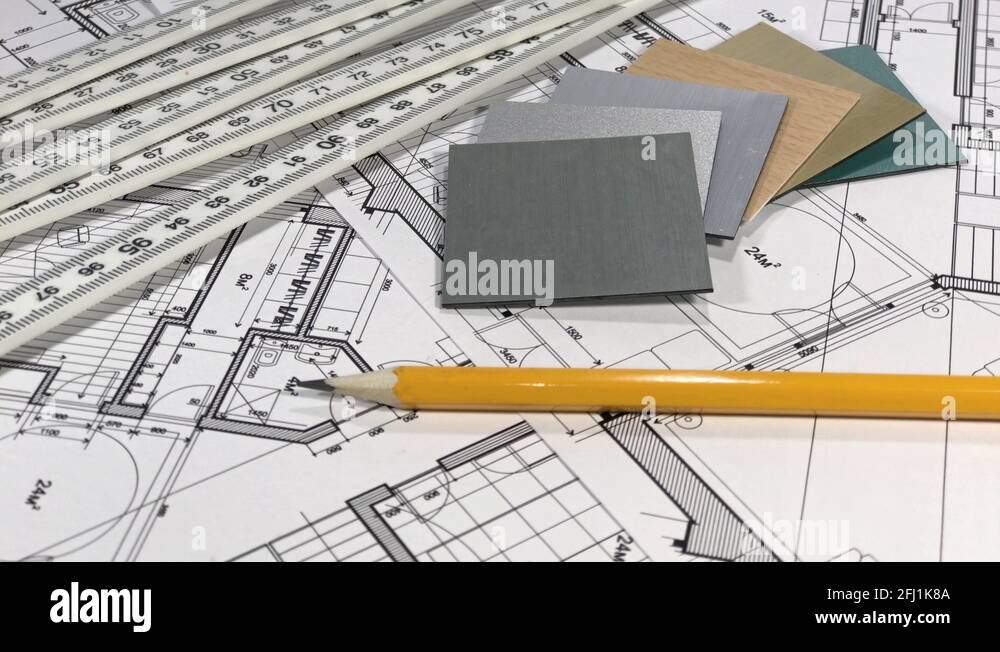 Blueprints: architectural drawings, yardstick - folding ruler & samples ...