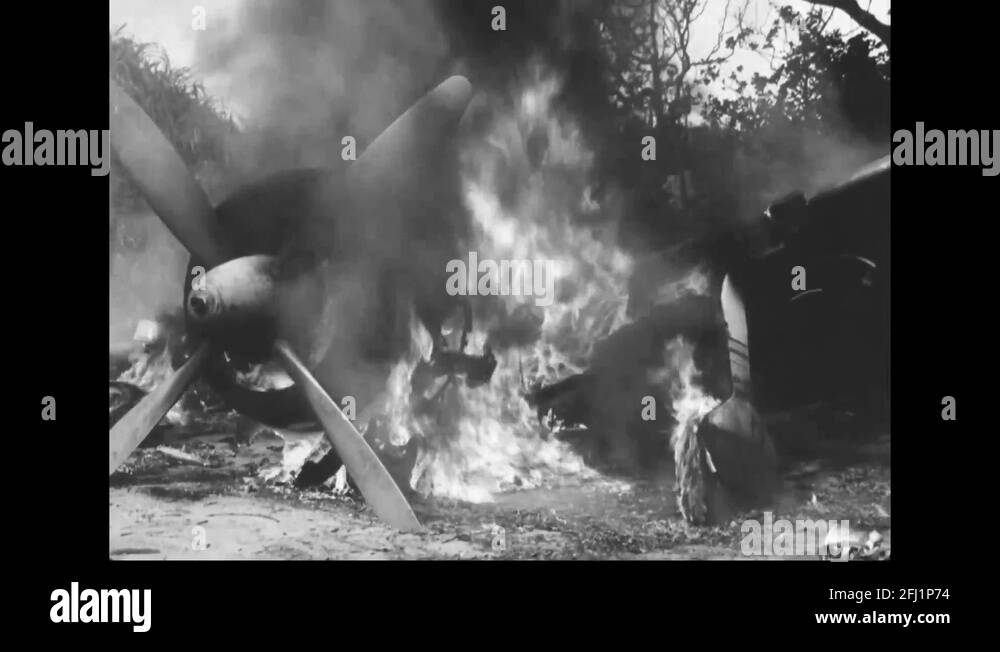 WW2 1945 - Burning aircraft at Kikai Shima airfield Stock Video Footage ...