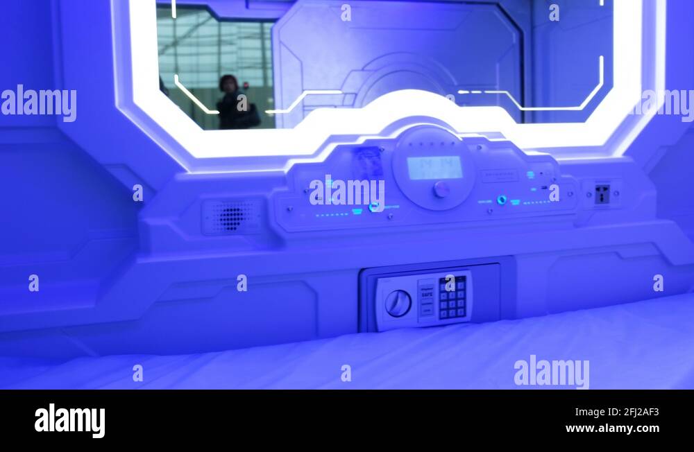 Sleepbox with neon lights, space capsule for sleeping at the airport ...