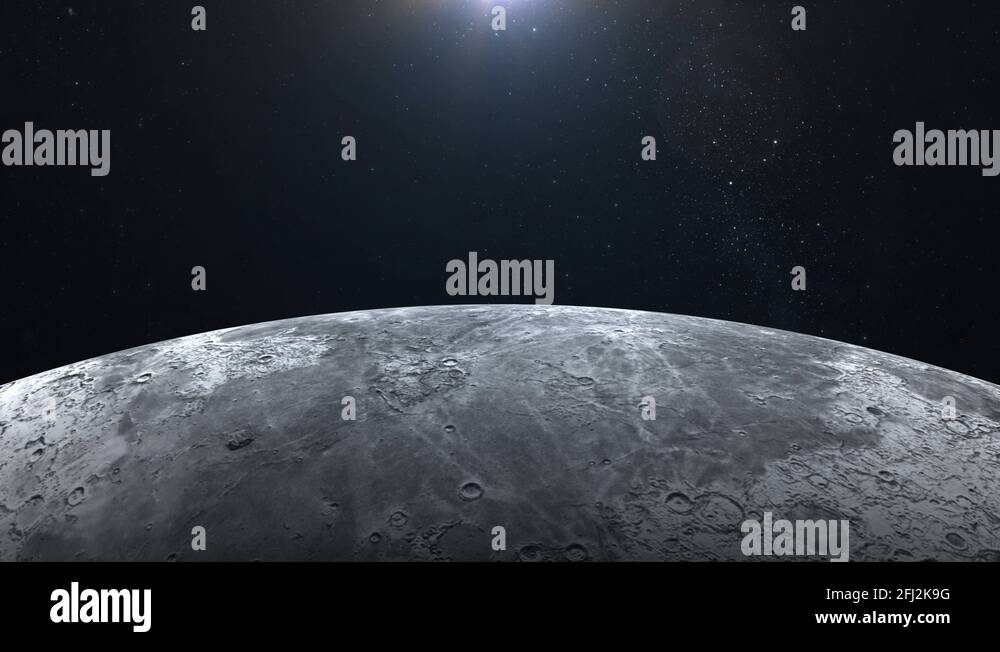 Moon. Flying over the Moon surface. View from space. Stars twinkle. 4K ...