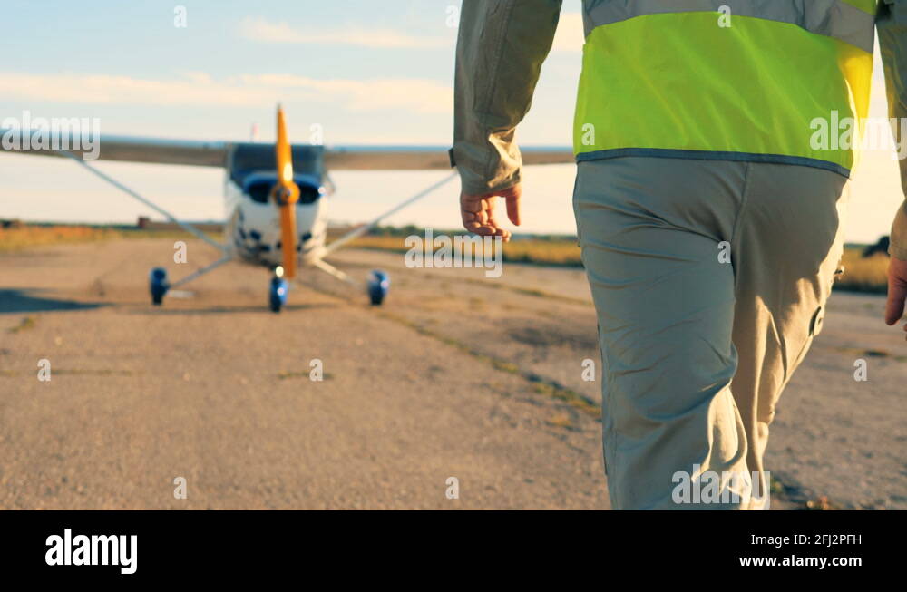 Pilot going on a runway, back view. Professional pilot coming to his ...