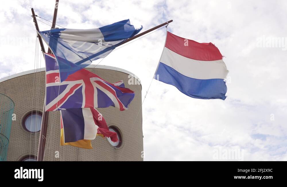 flags of different countries like france, germany blowing in the wind ...