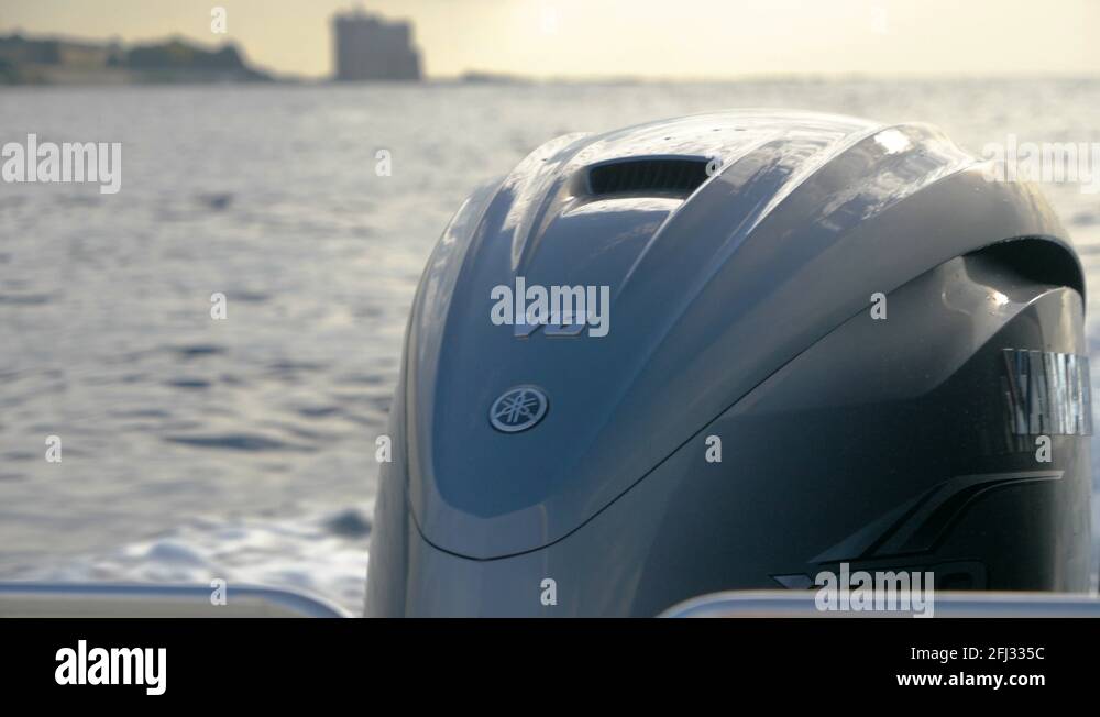 Close Up On The Rear View Of A Luxury Sport Boat That Sails Fast With ...