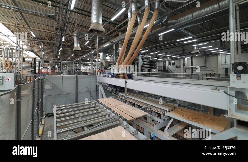 modern process of working of floorboard on an automated line. A waste ...