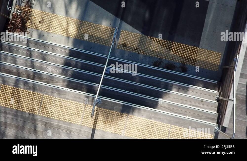 Close up birds eye view, drone footage of wood decking stairs with ...