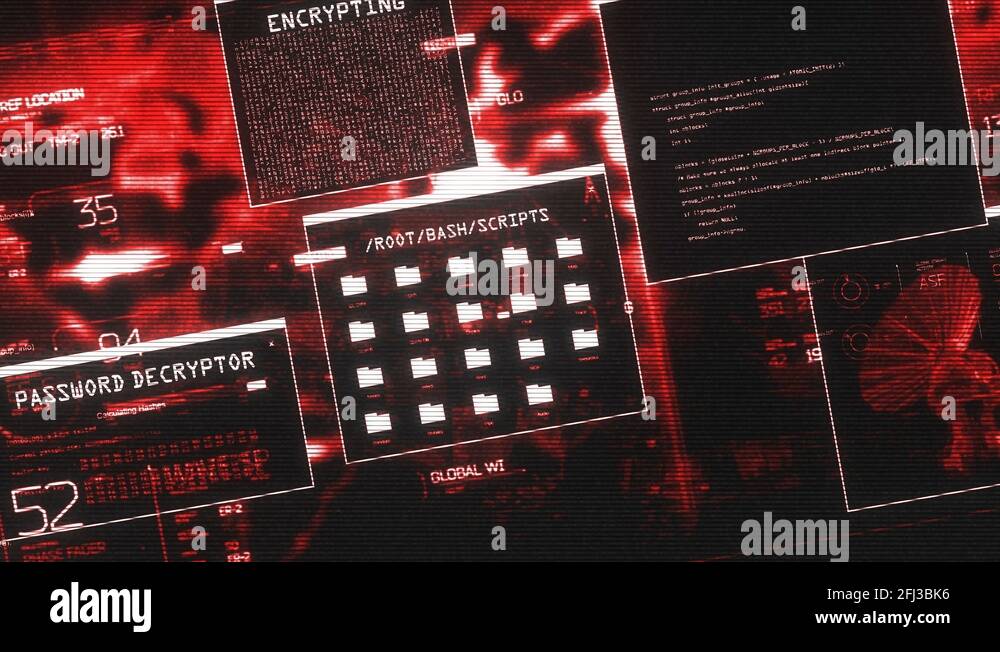 Retro Hacker Screen With Tv Lines Password And Data Decryption Red