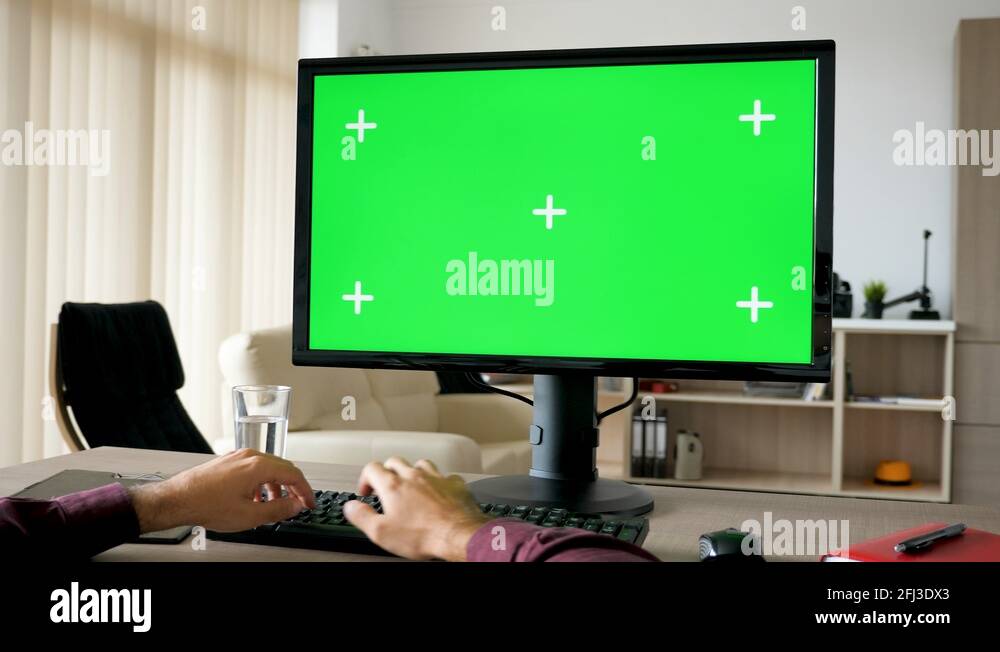 First person view - man hands typing on computer keyboard with big ...