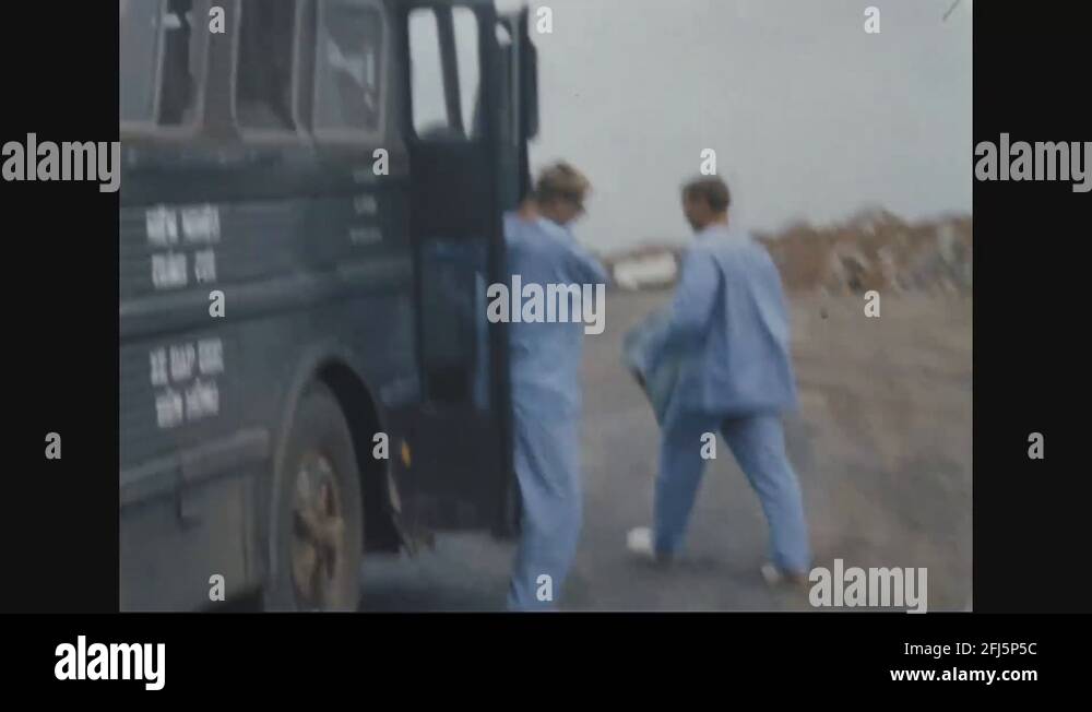 Hospital patients arrive by bus in Miss America USO Show - 1969 Stock ...