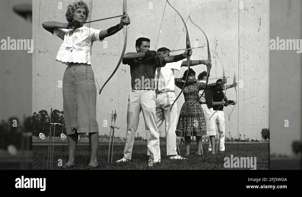 1950s Archery Archer Bow Arrow Target People Shoot Arrow Vintage Old ...