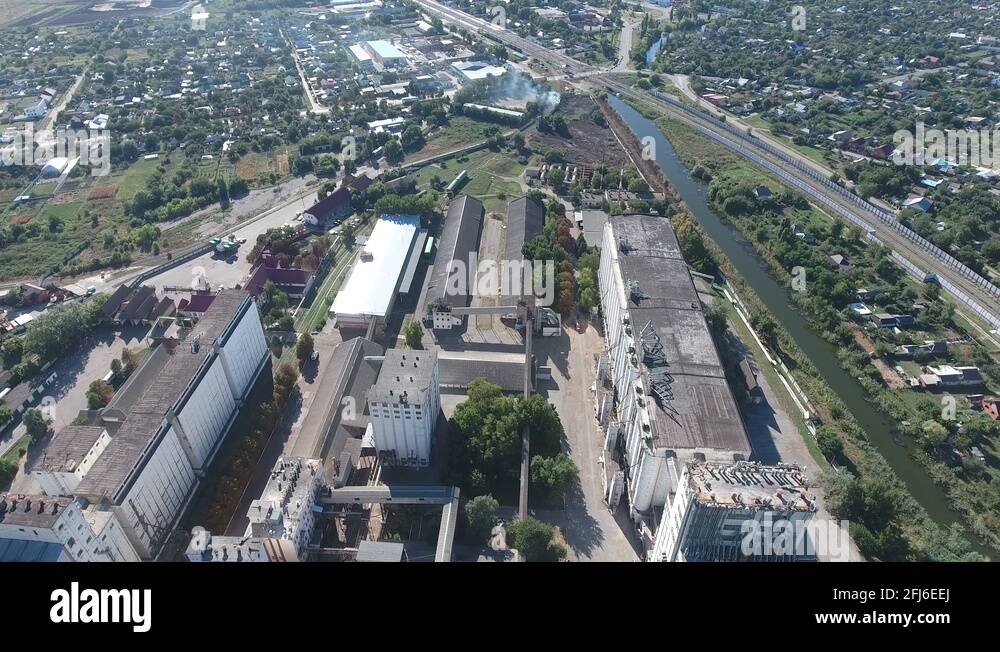 Grain terminal. The old Soviet grain elevator. Top view of a silo ...
