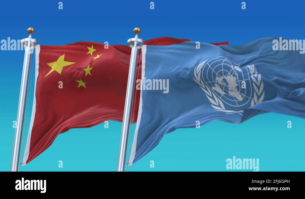 4k Seamless United Nations and China Flags with blue sky background,UN ...