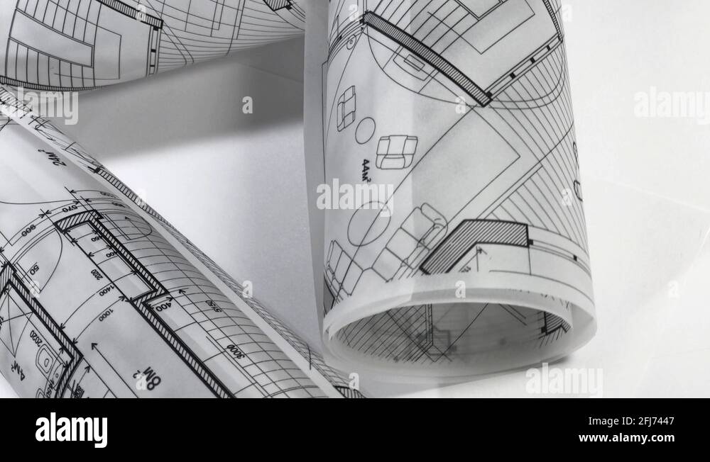 Blueprints - architectural drawings rolls smoothly rotate on the white ...