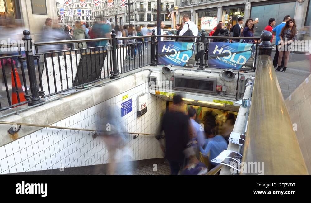 Crowd of Commuters Walking Down Stairs and Entering Tube Station Time ...