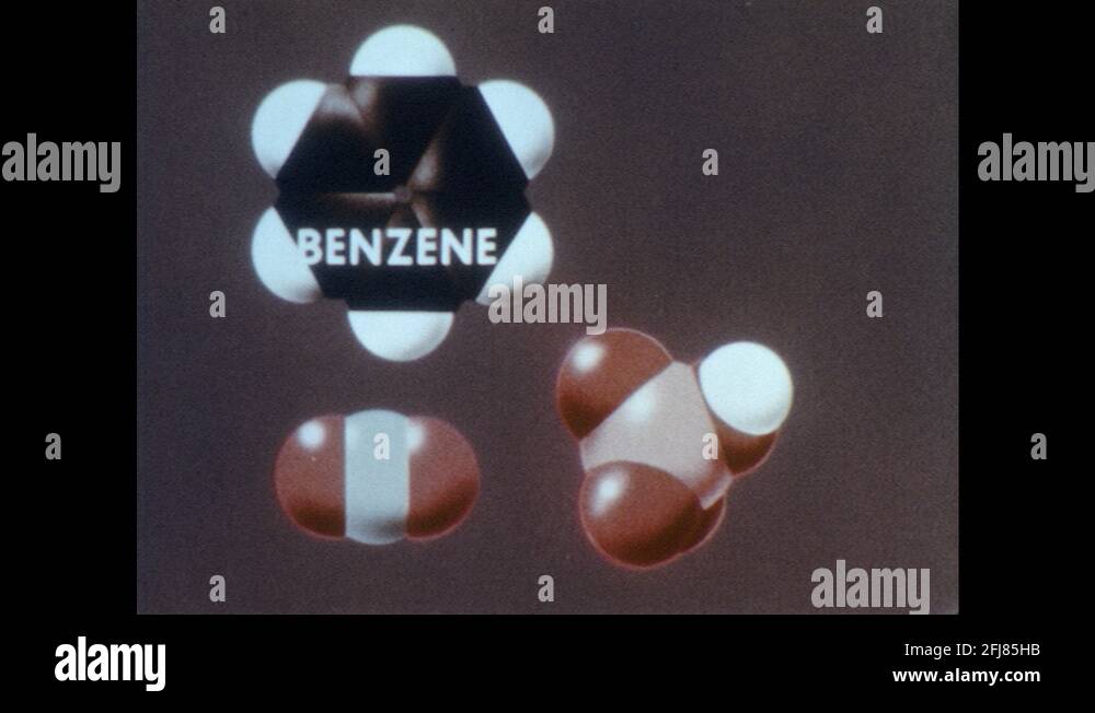 1960s: Animation. Molecule is labelled "BENZENE." Molecules split into ...