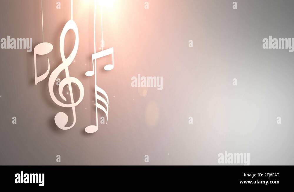 Music notes flowing hanging on strings and falling from the ceiling ...