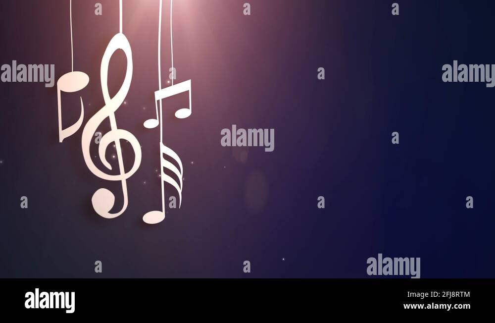 Music notes flowing hanging on strings and falling from the ceiling ...