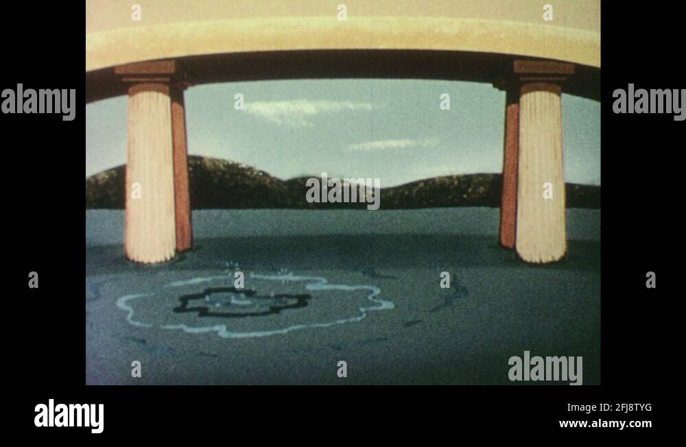 1950s: Cartoon animation of water bubbling under bridge. Smashed robot ...