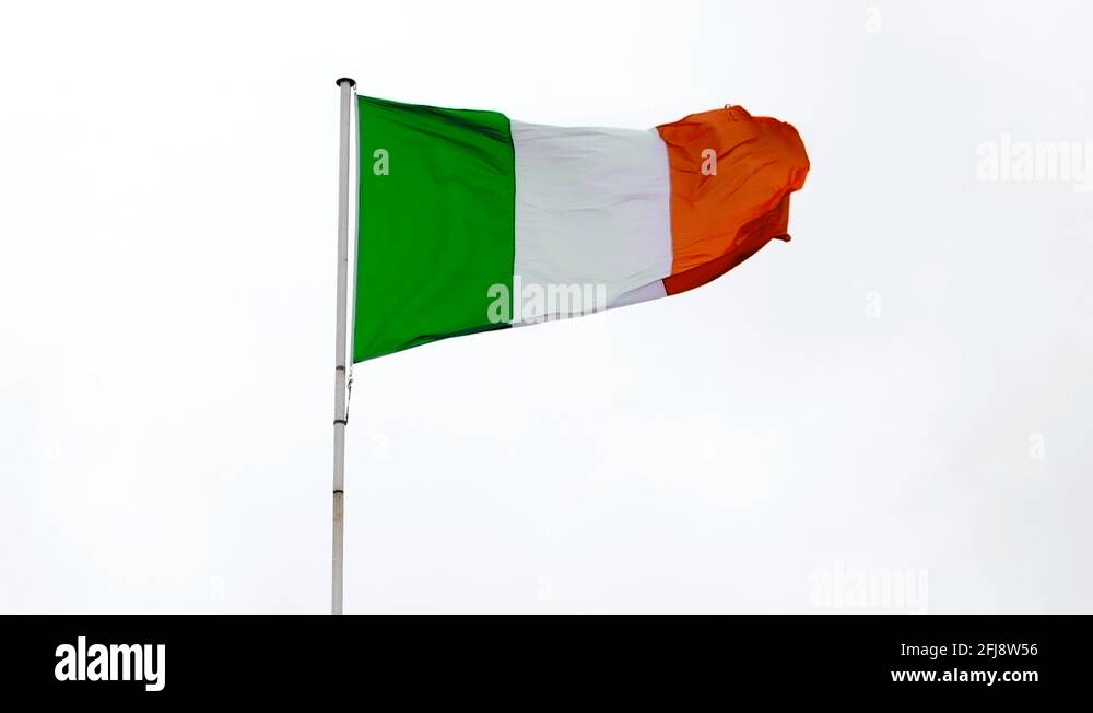 Irish flag waving in the wind in slow motion with a white background ...