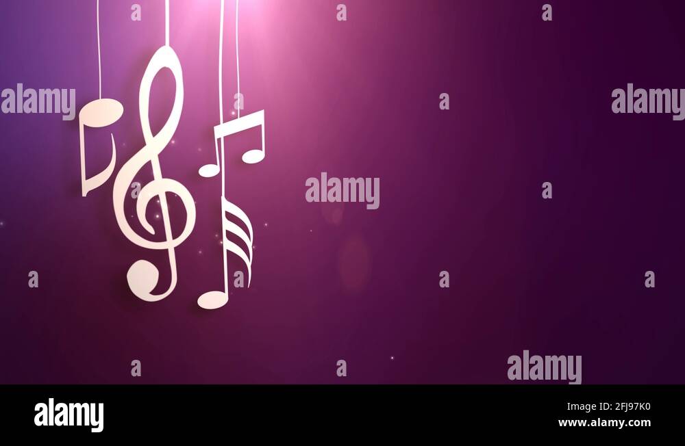 Music notes flowing hanging on strings and falling from the ceiling ...