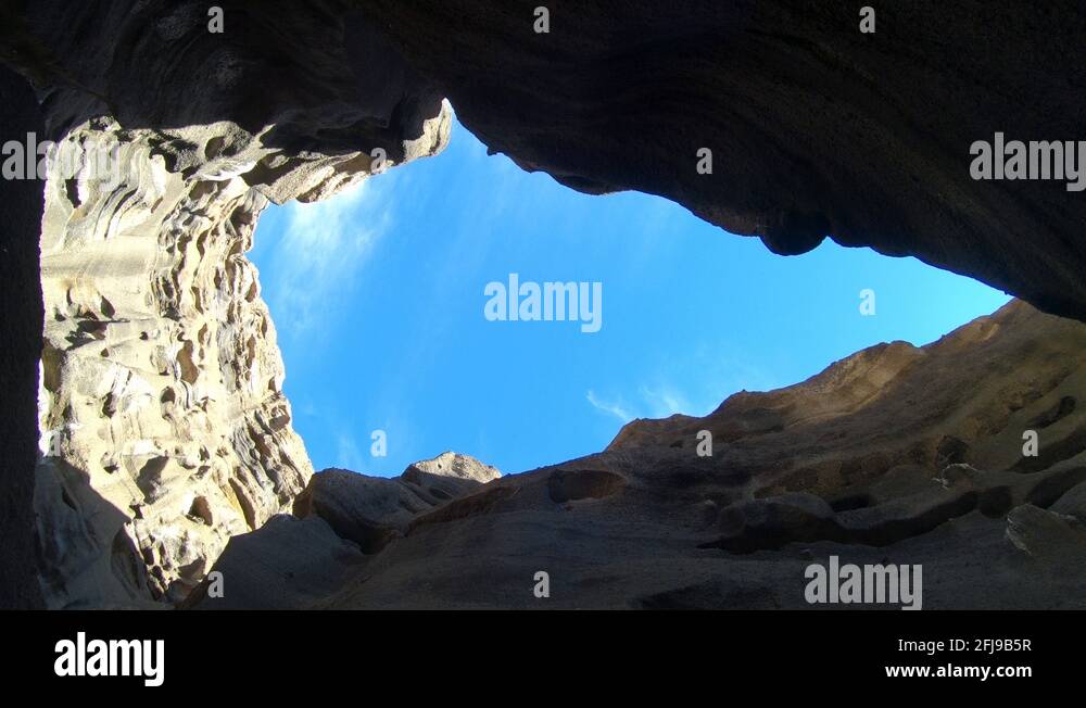 Inside volcano malacara, camera showing sky from hole, tunnel, crate ...