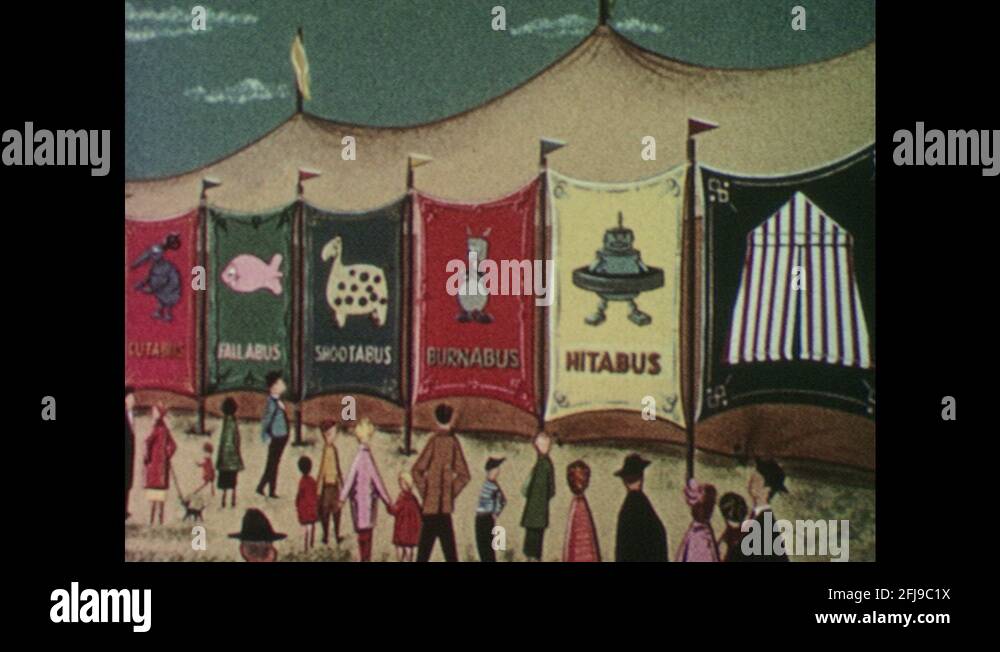 1950s: Drawing of crowd in front of sideshow tent. Posters on outside ...