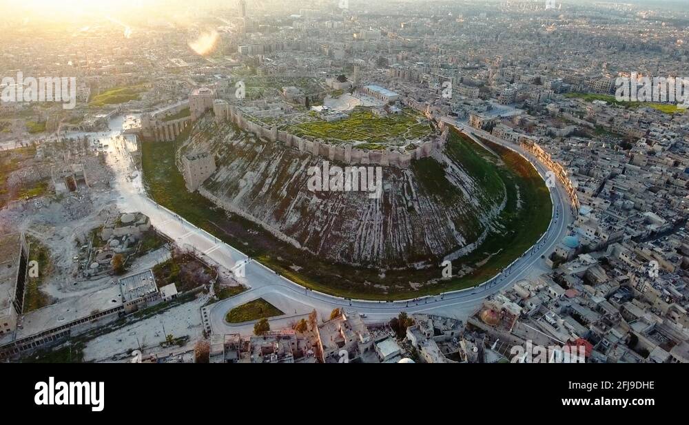 citadel of Aleppo in aerial view, filmed by a drone, syria Stock Video ...