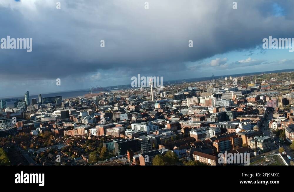 Drone footage of St. John's Beacon radio city Tower of Liverpool with ...