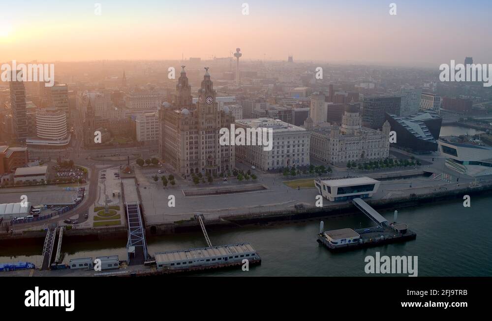 Drone footage of Liverpool Pier Head including the Liver Building ...