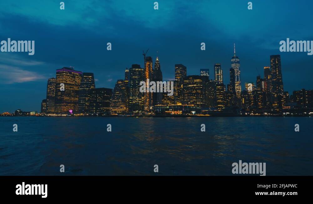 FIXED EST SUNSET View of New York City Manhattan downtown skyline. 4K ...
